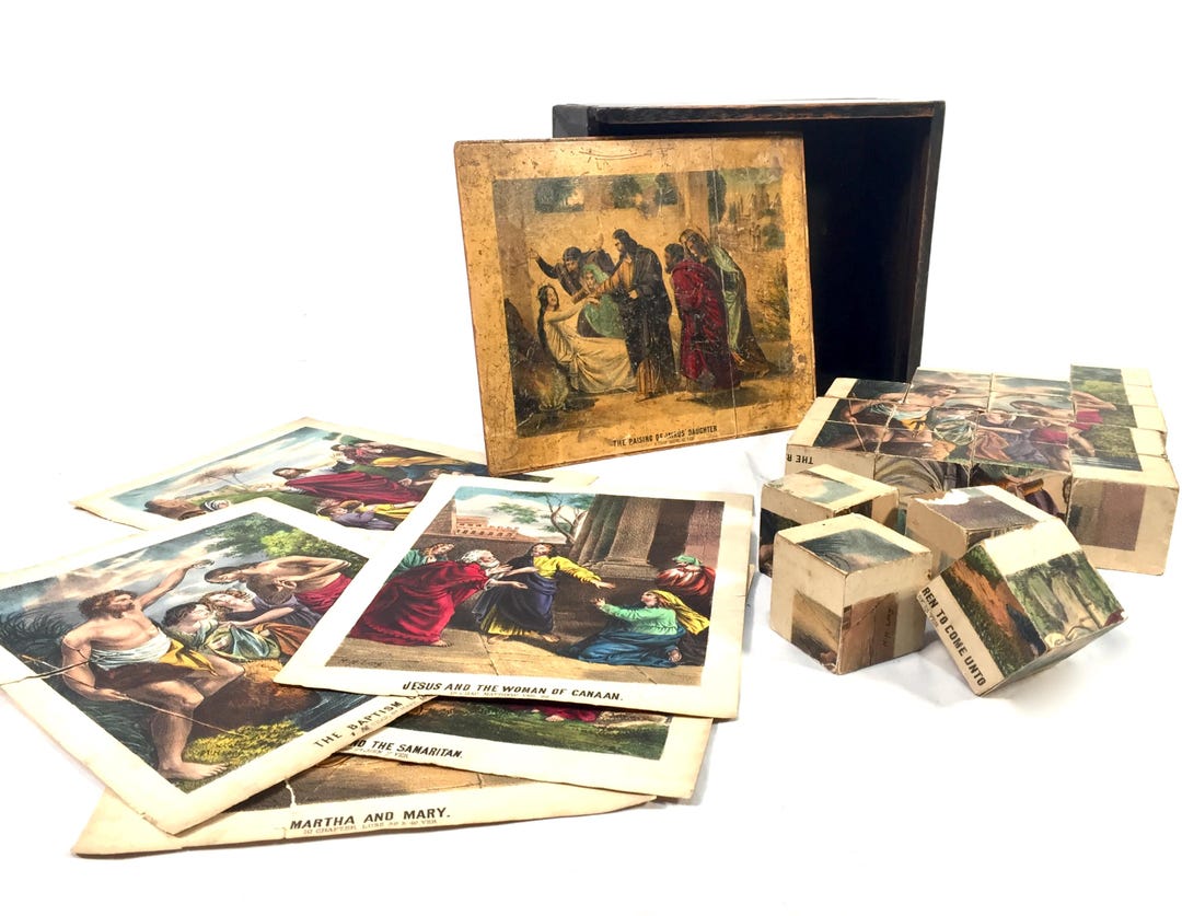Antique Religious Block Puzzle M H Long in Original Box / Complete C ...
