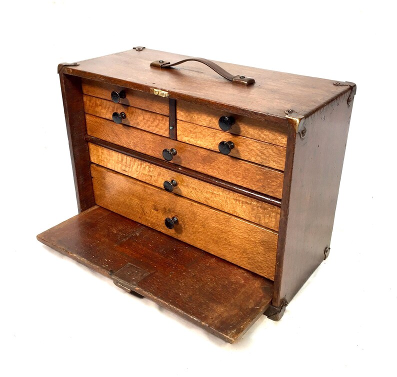 Antique Wooden 1950s Engineers Toolbox / Tool Box / Collectors Cabinet ...