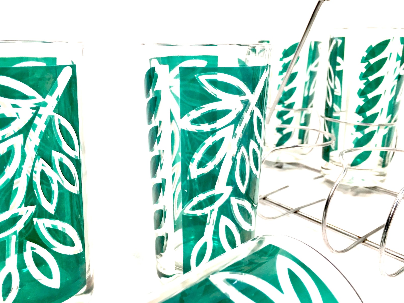 Vintage Mid 20th Century Green Glass Tumbler Drinking Set Chrome ...