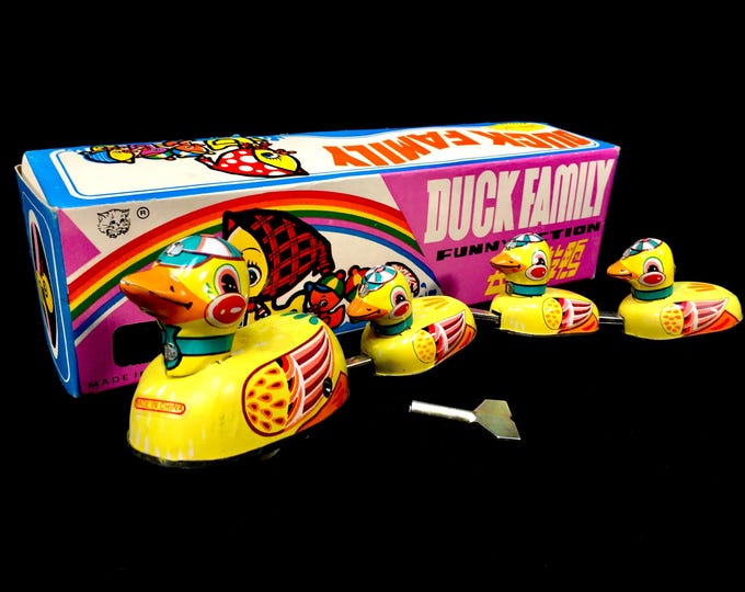 Vintage Wind-up Clockwork Tin Mechanical Family of Ducks Toy / Boxed ...