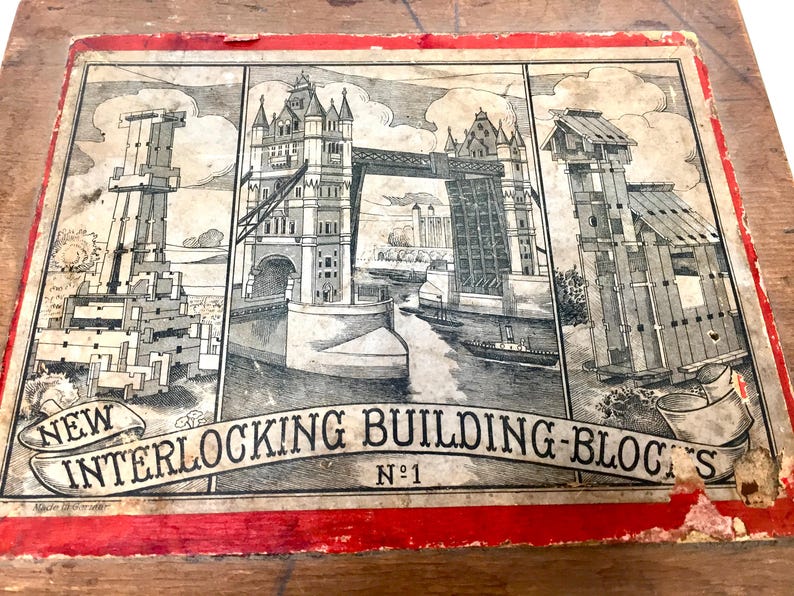 Antique 19th Century Wooden Interlocking Building Block Game / Boxed ...