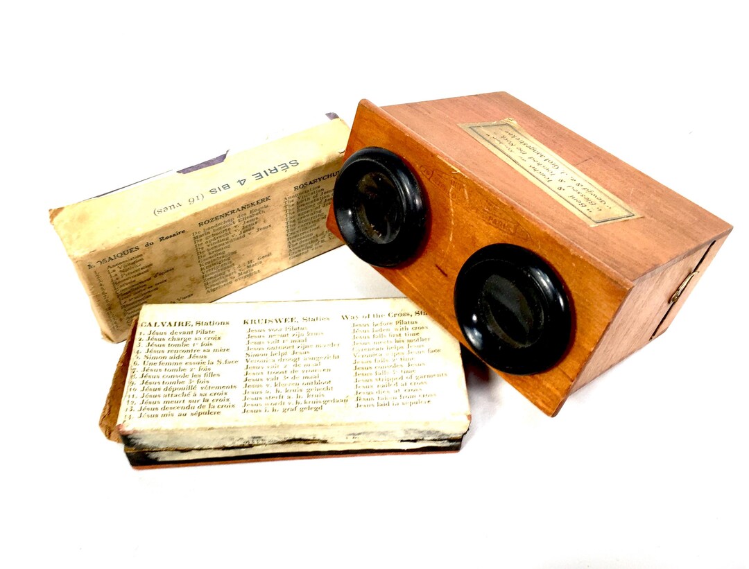 Antique Wooden Handheld Stereo Viewer / Stereoscope & Glass Slide Job C ...
