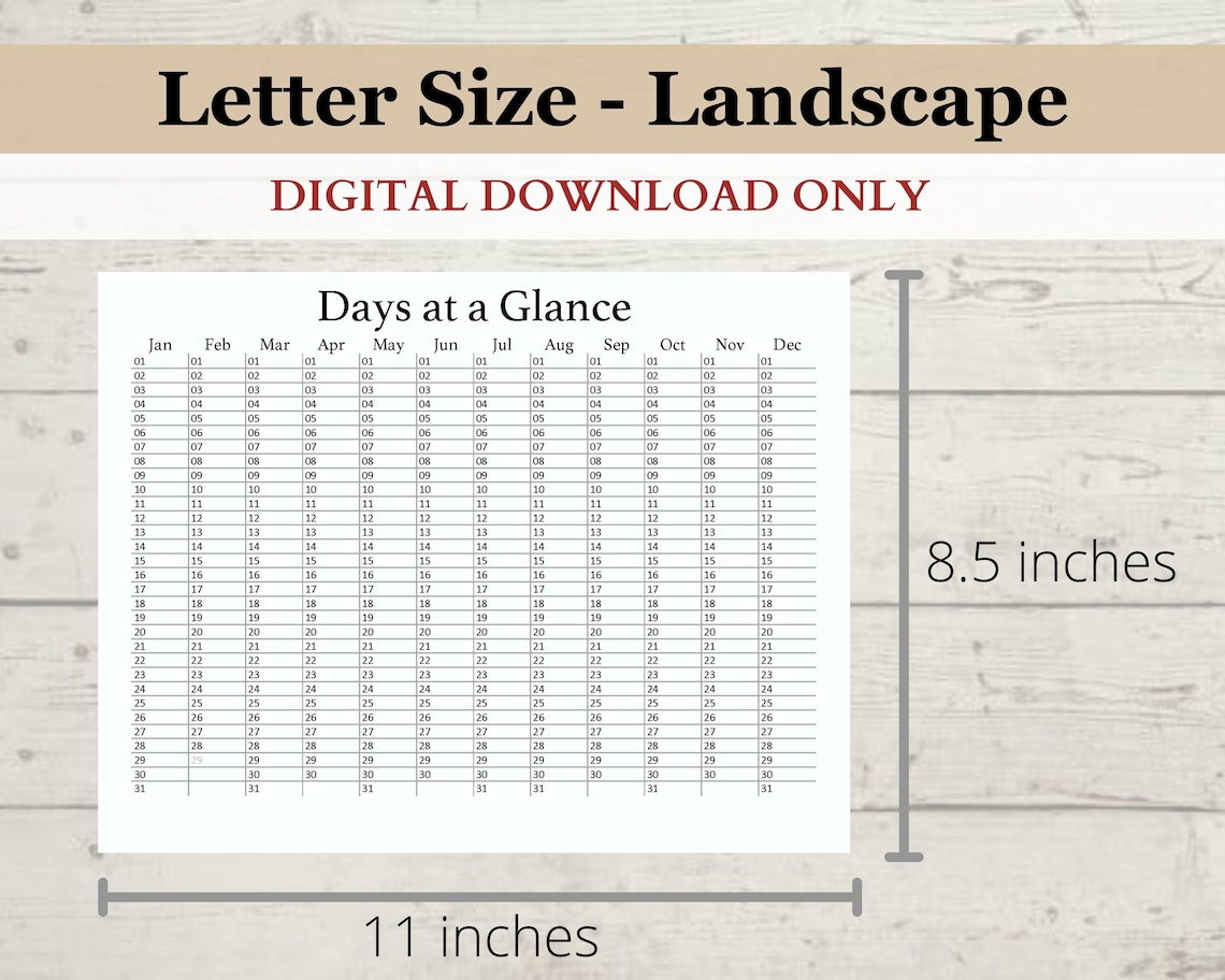 Printable Days at a Glance, 365 Day Calendar, Year at a Glance ...