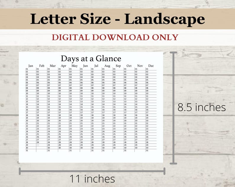 Printable Days at a Glance, 365 Day Calendar, Year at a Glance ...