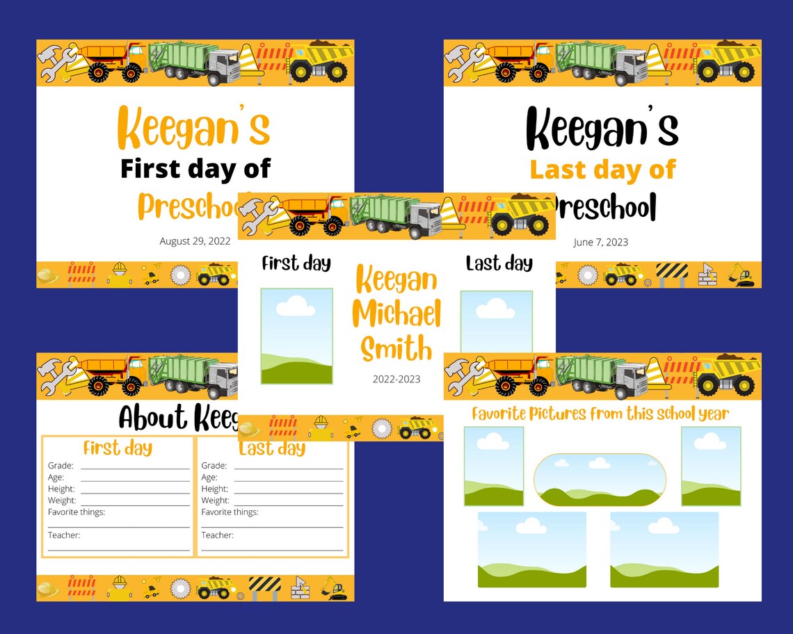 First Day of School Sign Printable 2022, Construction Trucks Theme ...