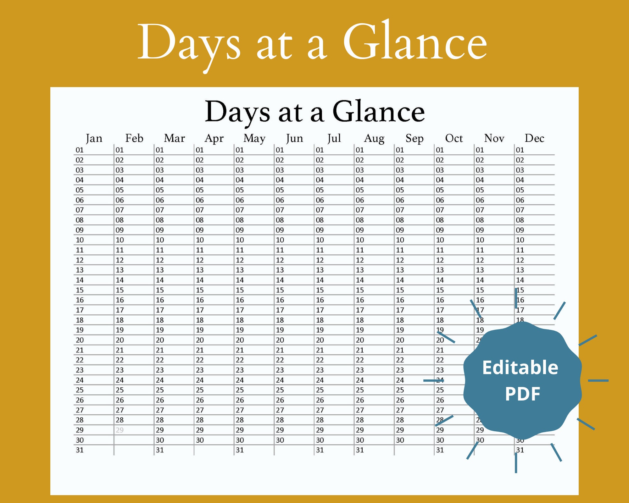 Printable Days at a Glance, 365 Day Calendar, Year at a Glance ...