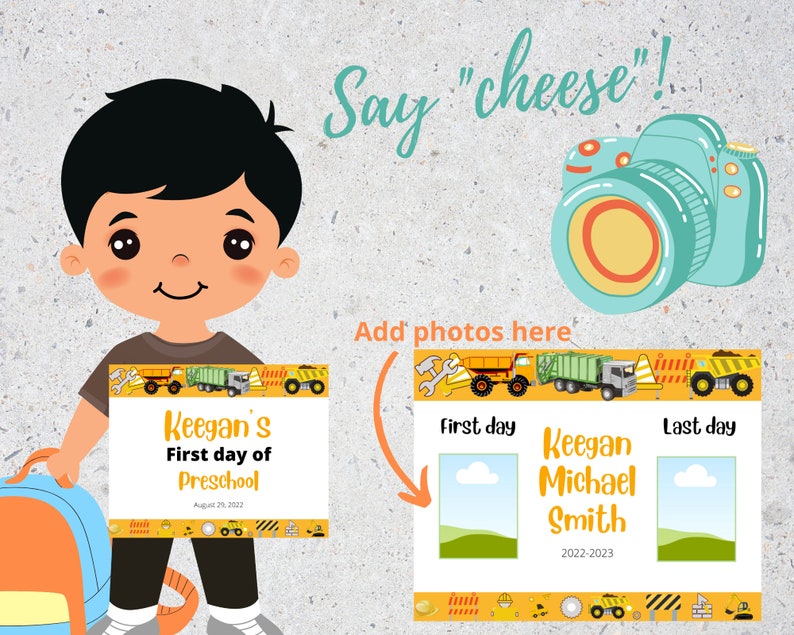 First Day of School Sign Printable 2022, Construction Trucks Theme ...