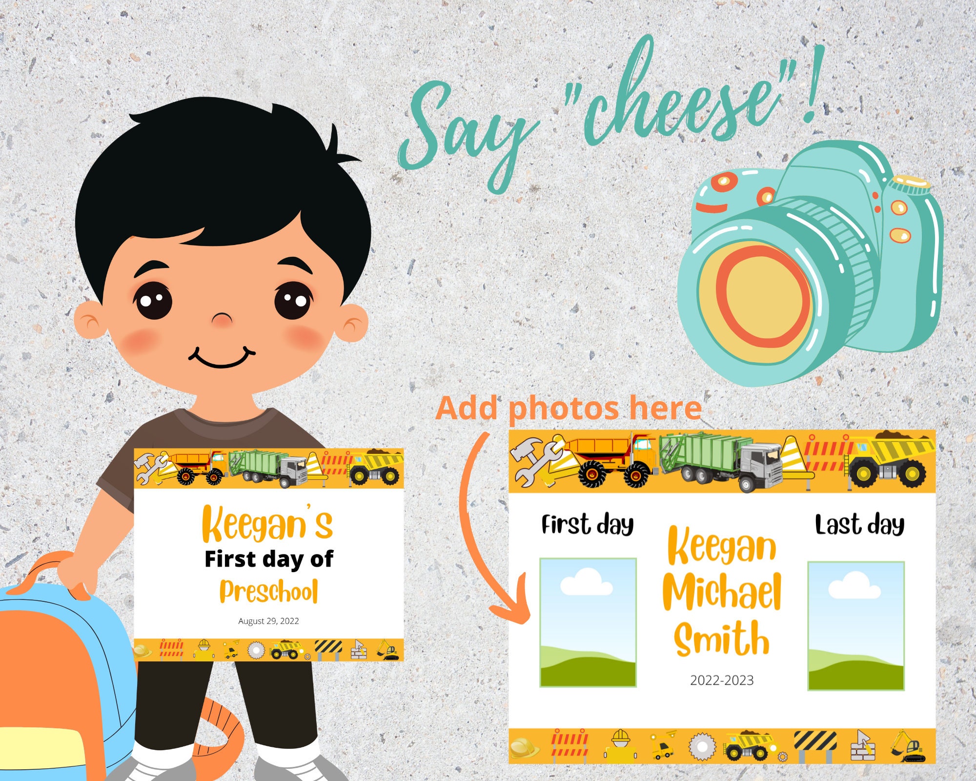 First Day of School Sign Printable 2022, Construction Trucks Theme ...