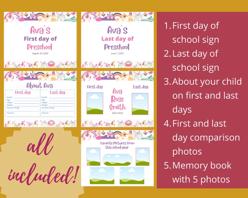 Printable First Day of School Sign, Girl Princess and Unicorn Sign ...