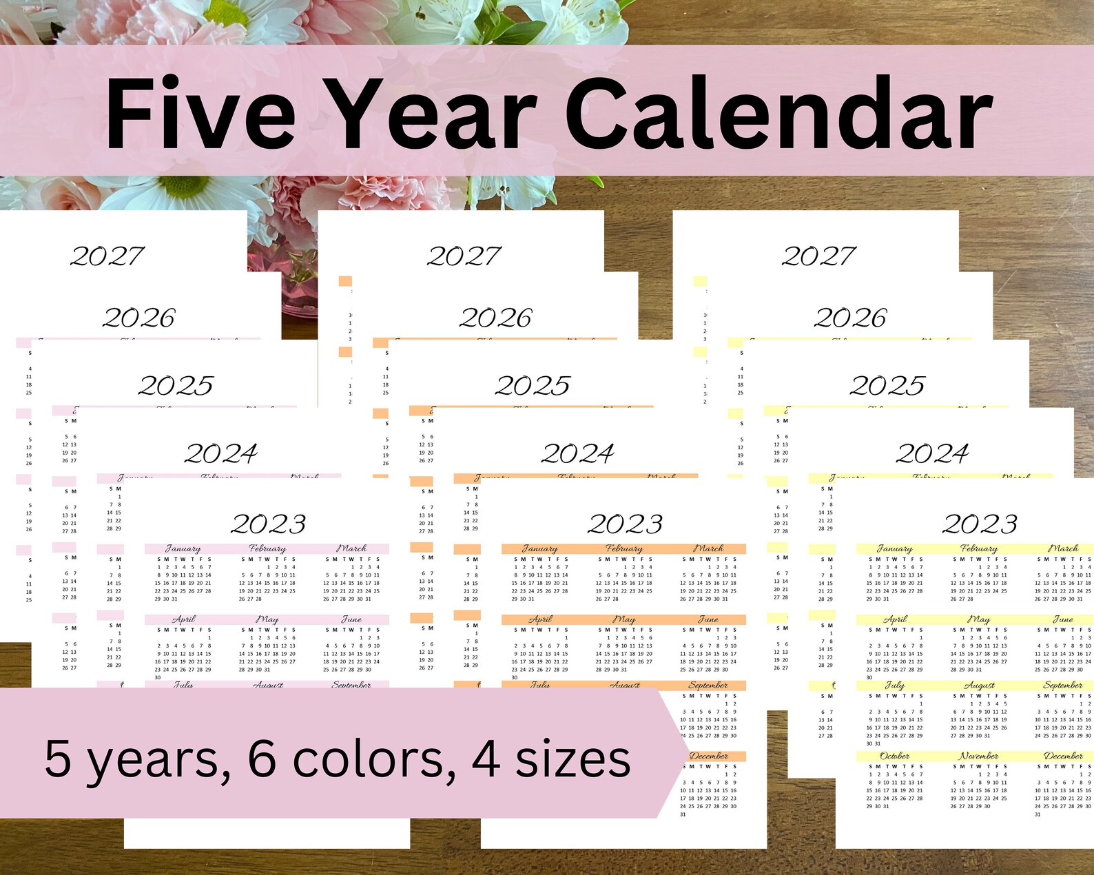 Printable 2023-2027 Five Year-at-a-glance Calendar Colorful, 2023 2024 ...