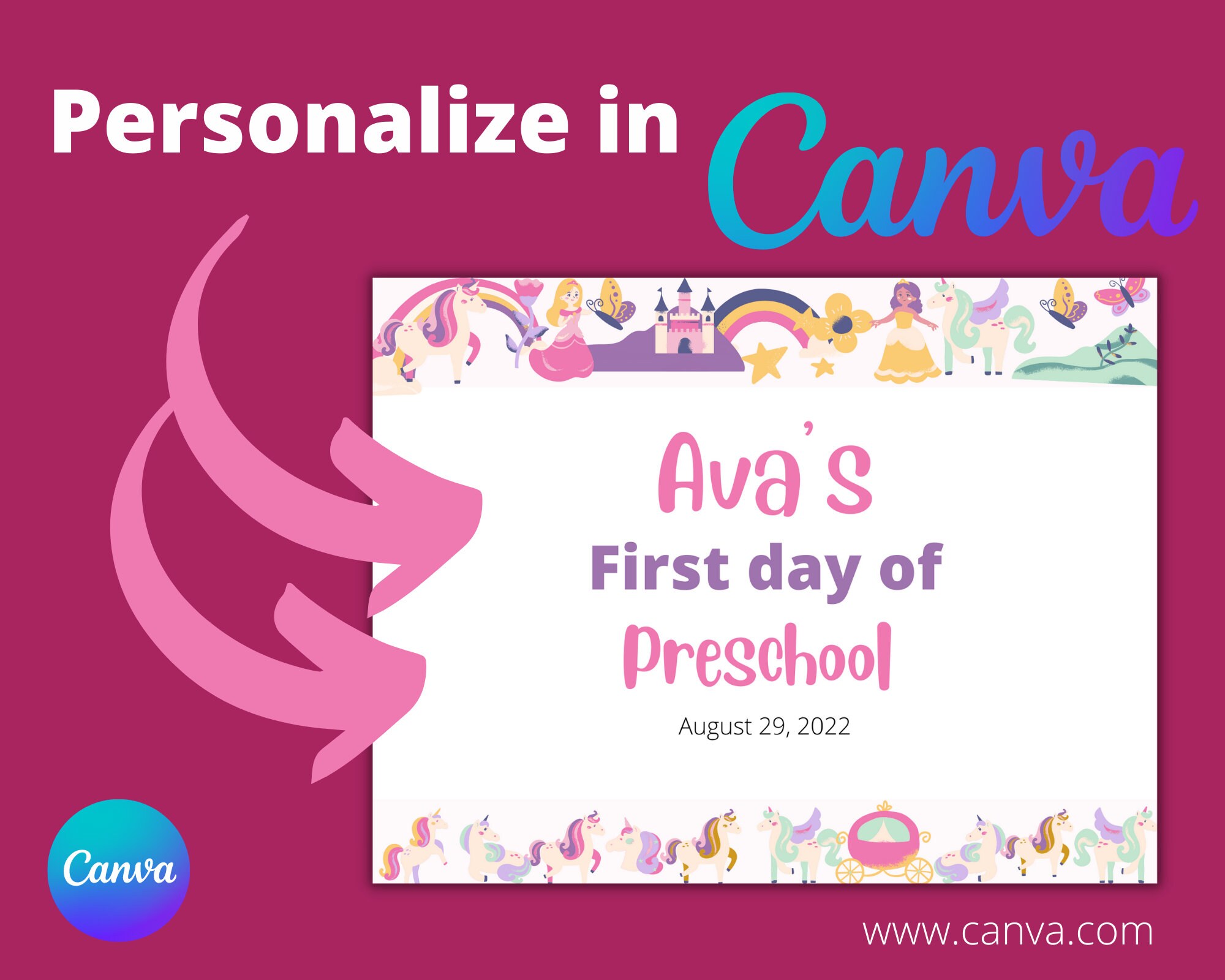 Printable First Day of School Sign, Girl Princess and Unicorn Sign ...