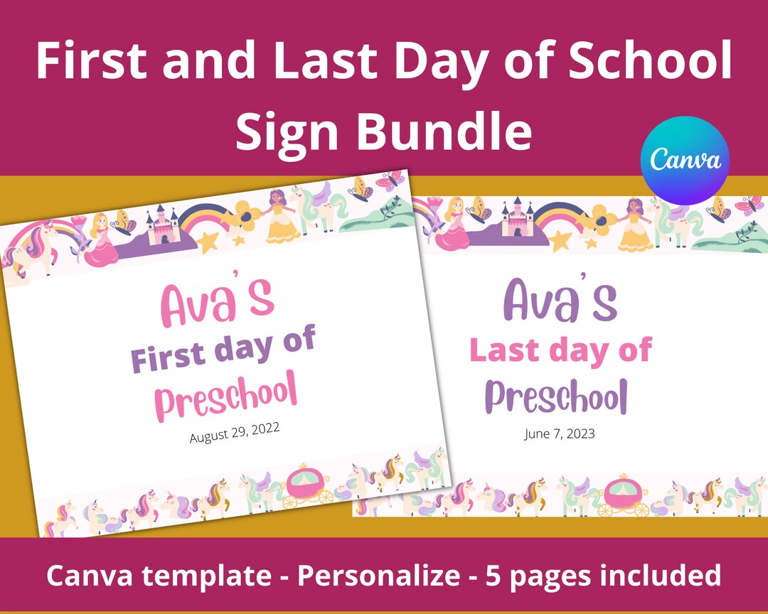 Printable First Day of School Sign, Girl Princess and Unicorn Sign ...