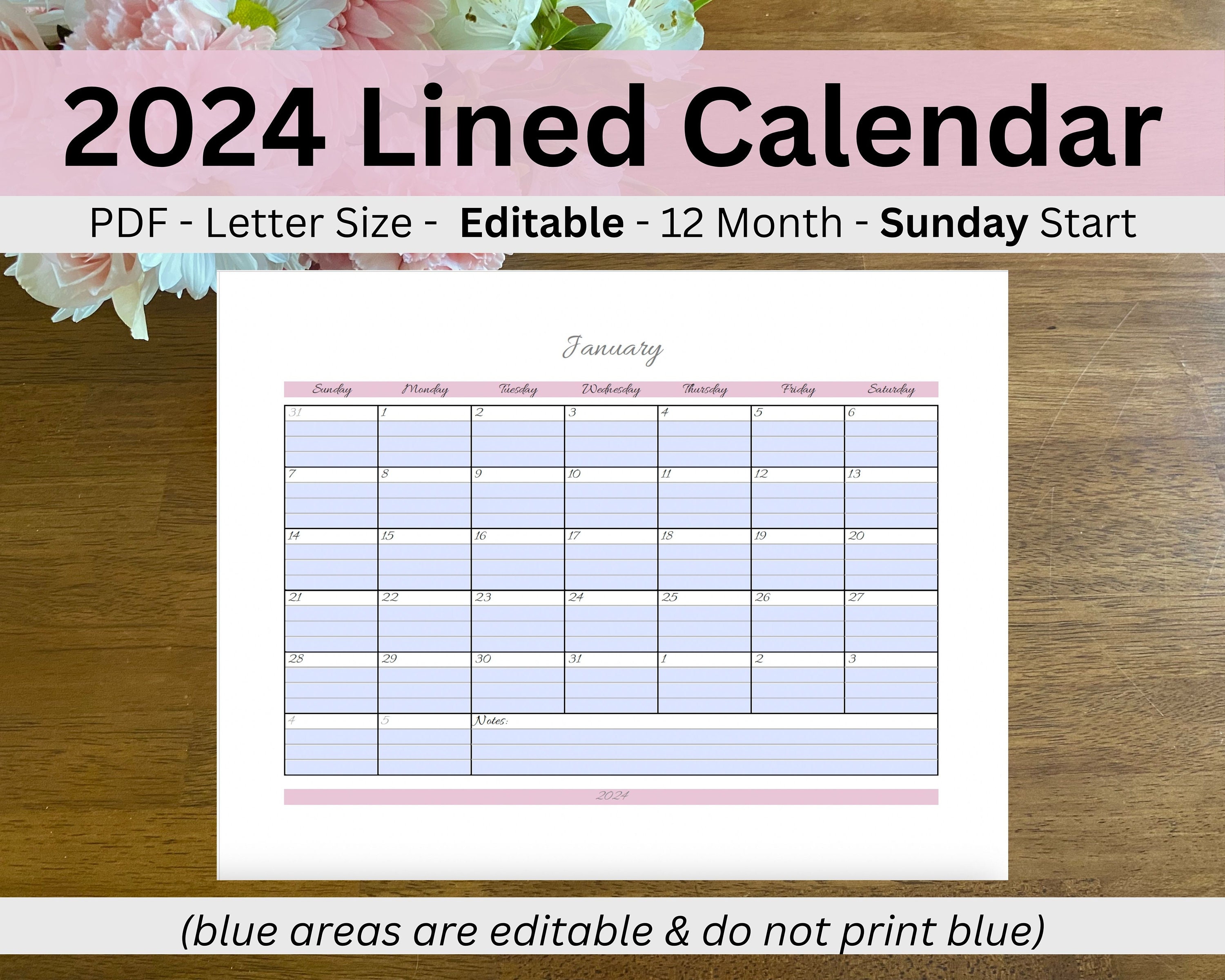 2024 Calendar Monthly, Lined, Sunday Start, Printable Jan-dec 2024 ...