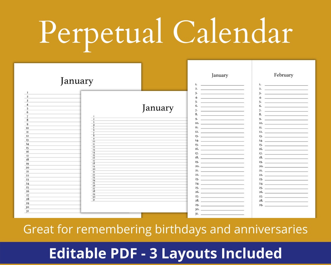 Perpetual Lined Calendar Printable, 365 Day, Birthday and Anniversary ...