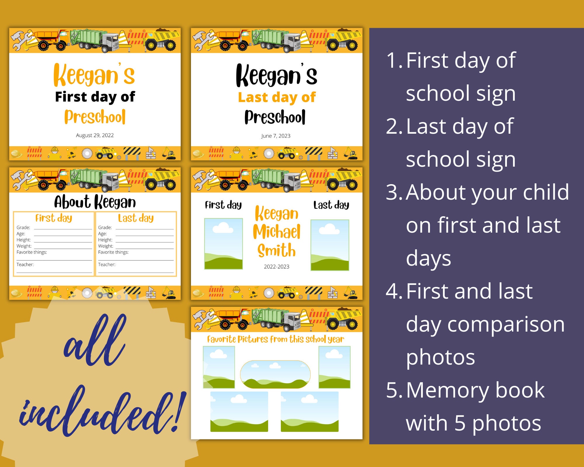 First Day of School Sign Printable 2022, Construction Trucks Theme ...