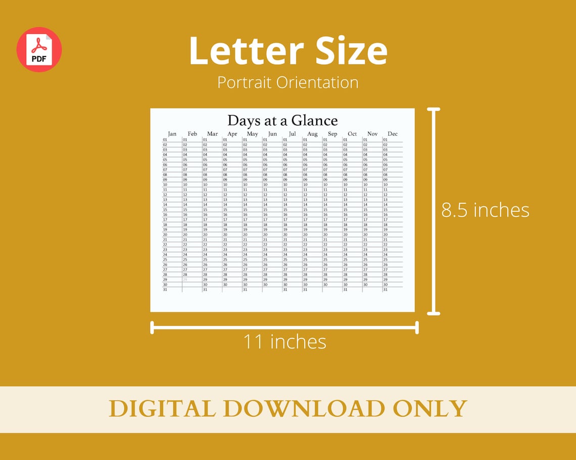 Printable Days at a Glance, 365 Day Calendar, Year at a Glance ...