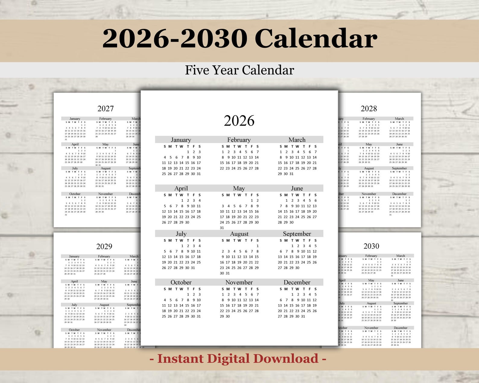 2026-2030 Printable Calendar, Five Year Planner (digital Download) - Etsy