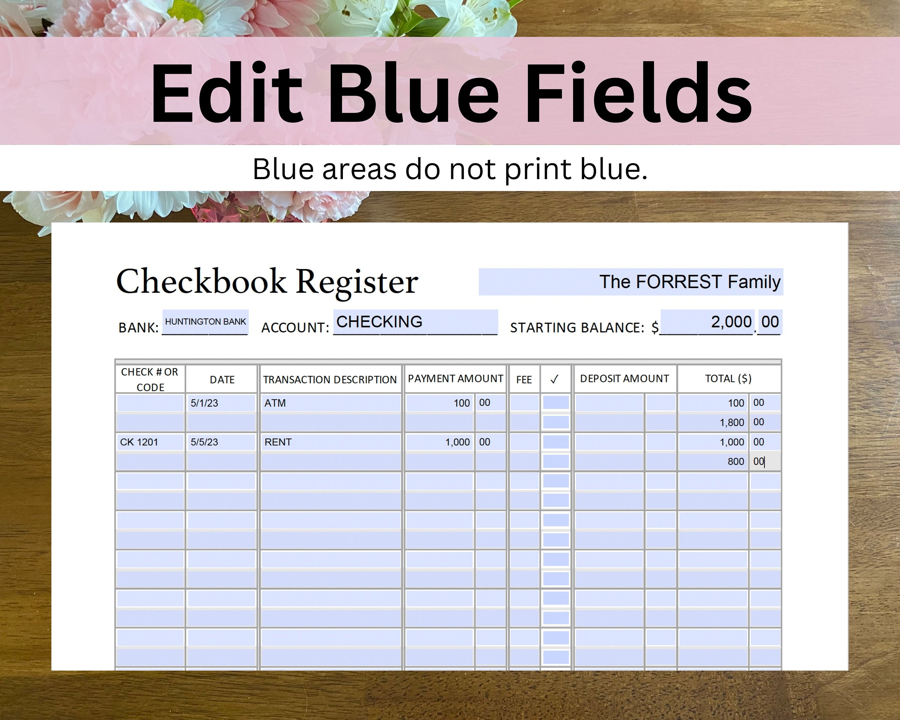Checkbook Register PDF Printable, Digital Checkbook Register, Printable ...