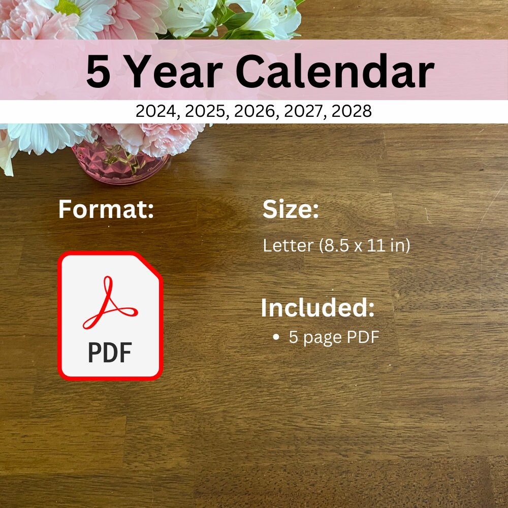 Printable 2024 2028 5 Year Calendar, 2024 Printable Calendar, 2025 Printable Calendar, Calendar ...