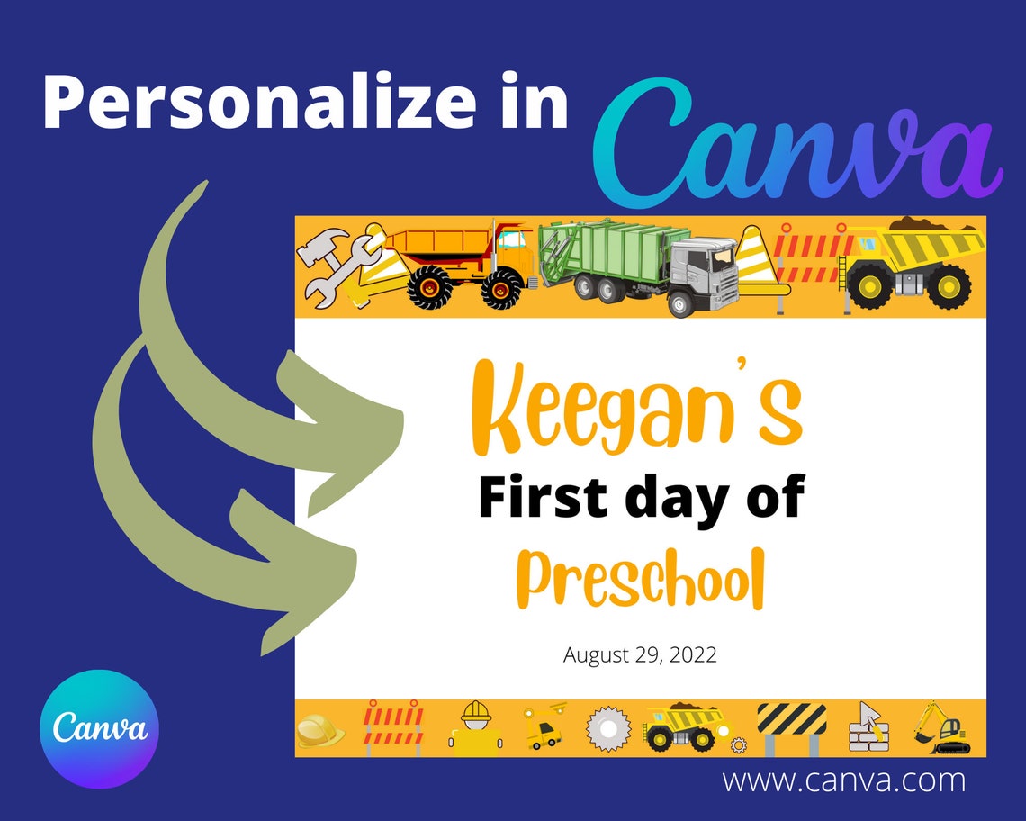First Day of School Sign Printable 2022, Construction Trucks Theme ...