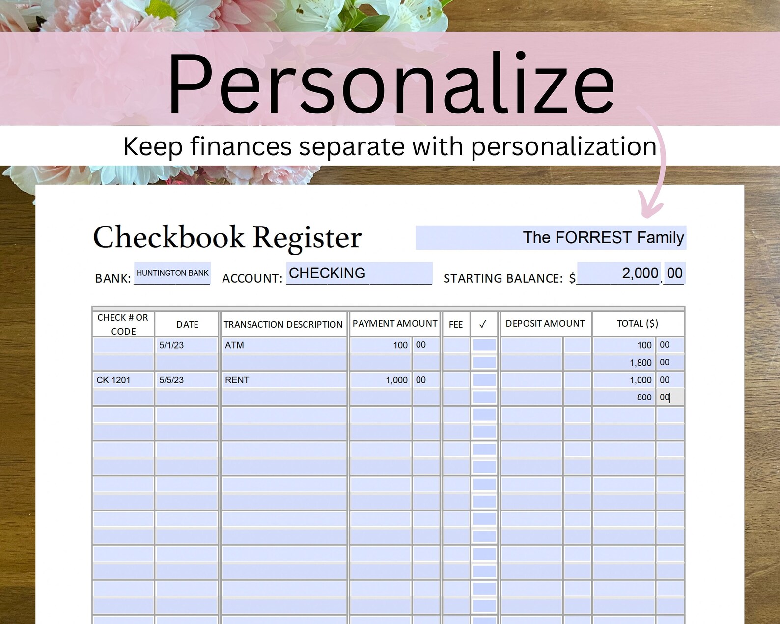 Checkbook Register PDF Printable, Digital Checkbook Register, Printable ...
