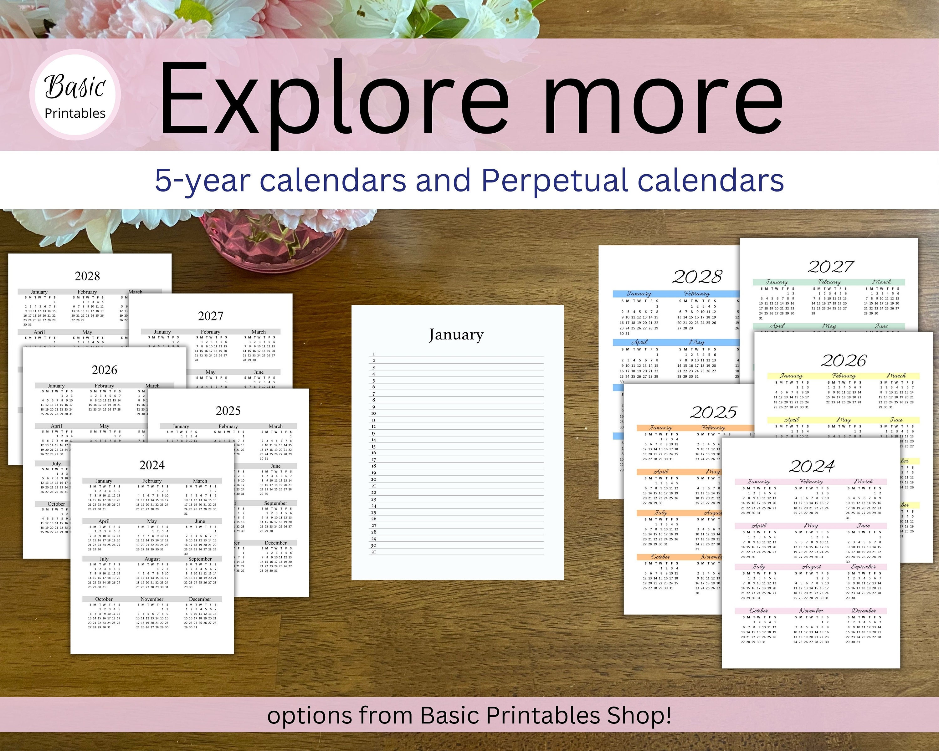 Printable Calendar 5 Years, 2024 2028 Calendar, 60 Month Calendar ...