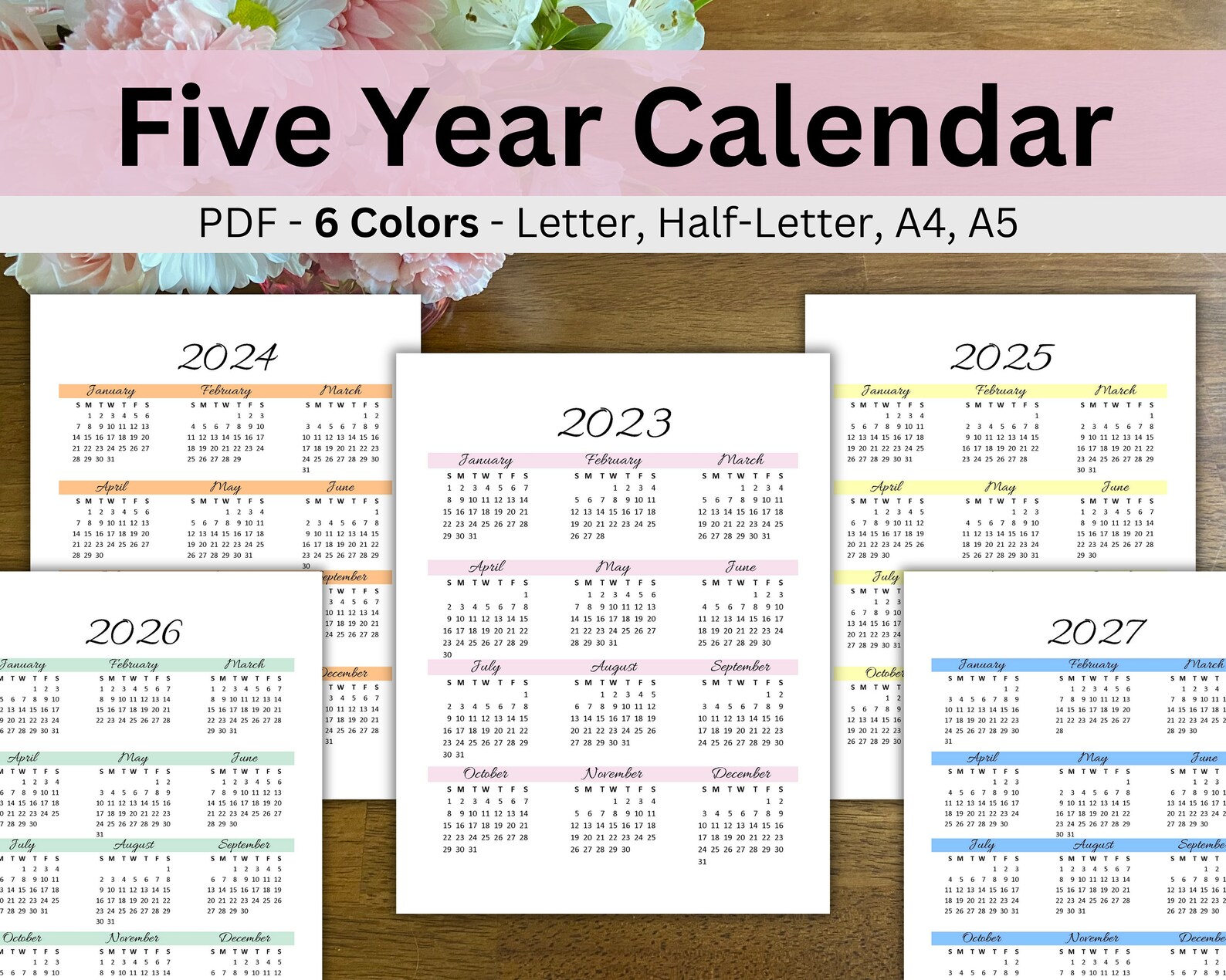Printable 2023-2027 Five Year-at-a-glance Calendar Colorful, 2023 2024 ...