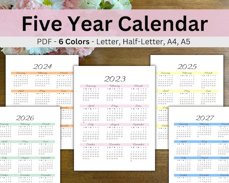 Printable 2023-2027 Five Year-at-a-glance Calendar Colorful, 2023 2024 ...