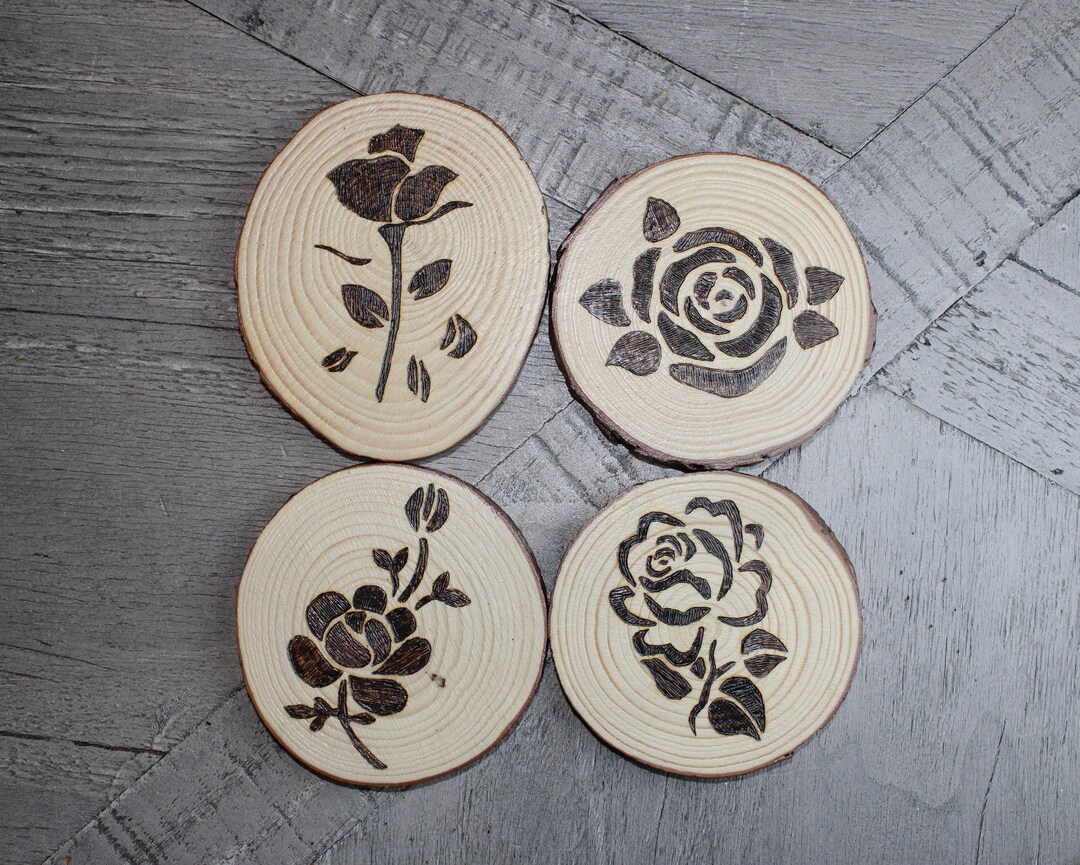 Live Edge Wood Coasters - Hand Burned Roses - Etsy