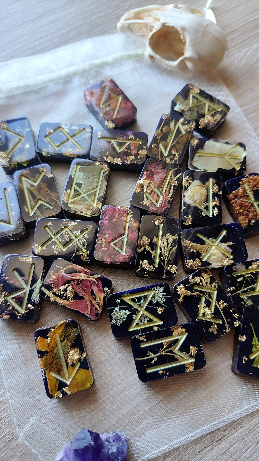 Set of Futhark Runes in Resin and Natural Flowers, Viking Runes, Flower ...