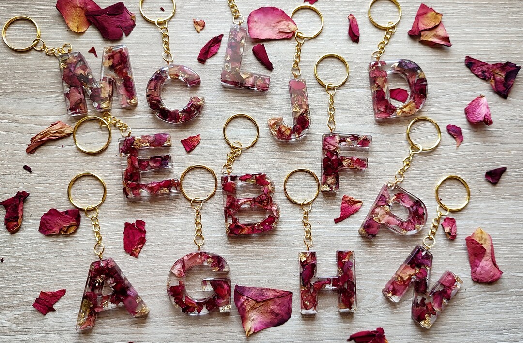 Letter Key Ring in Resin and Flowers, Initial, Red Rose and Gold ...