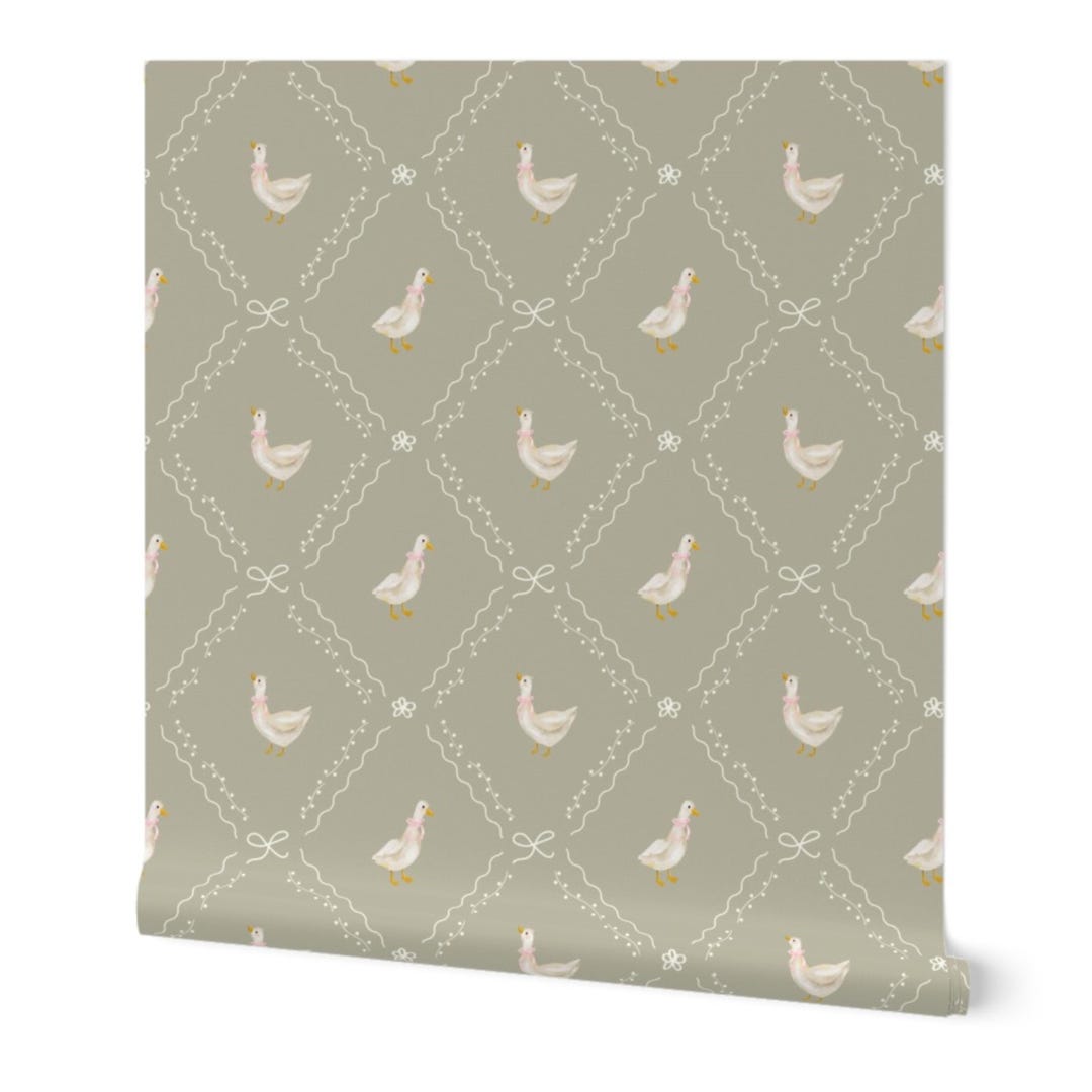 Cottagecore Goose Wallpaper: Peel and Stick Pink Bow Nursery Mural ...
