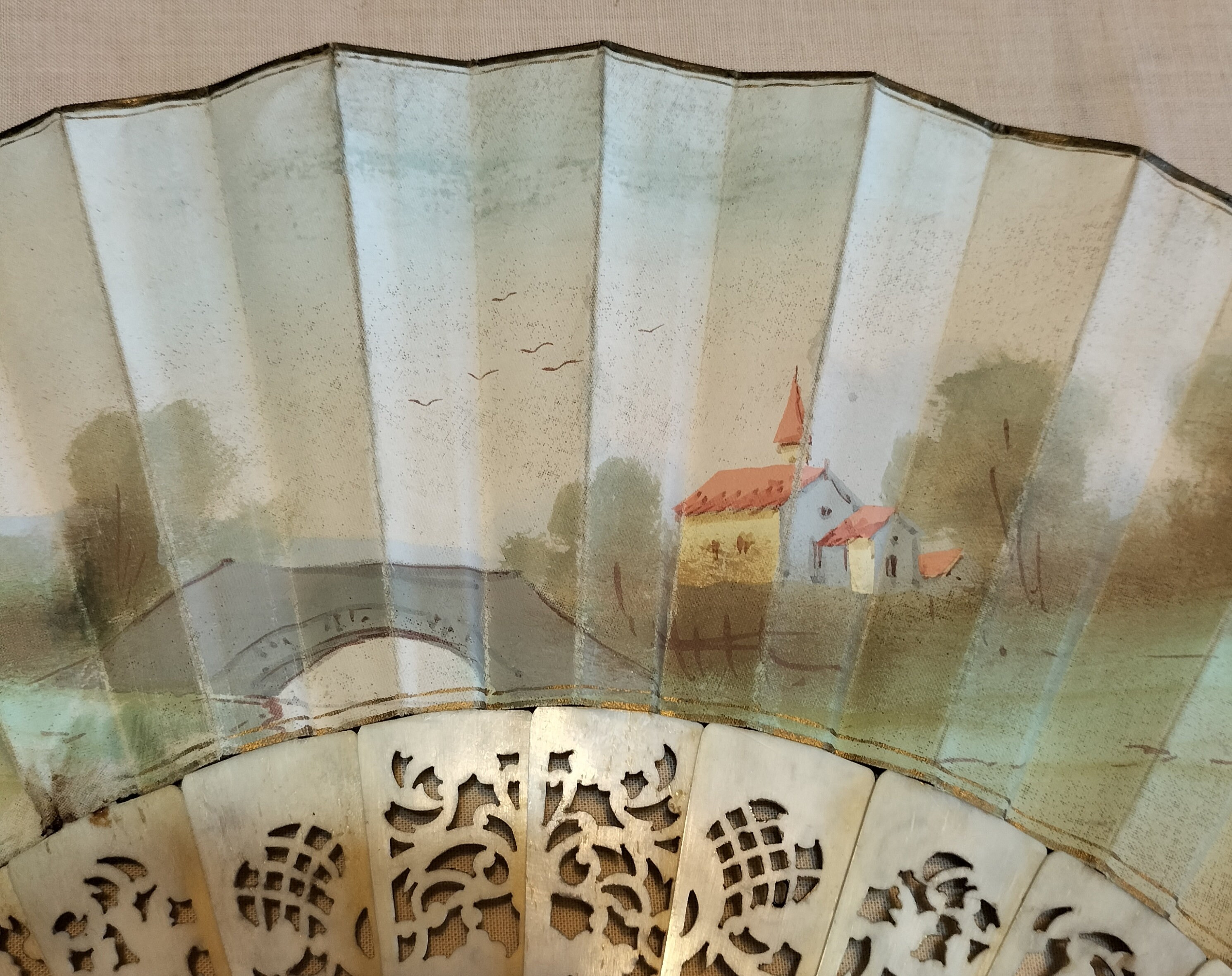 19th Century Bone Fan With Carved Cherub Sticks and Hand Painted Cloth ...
