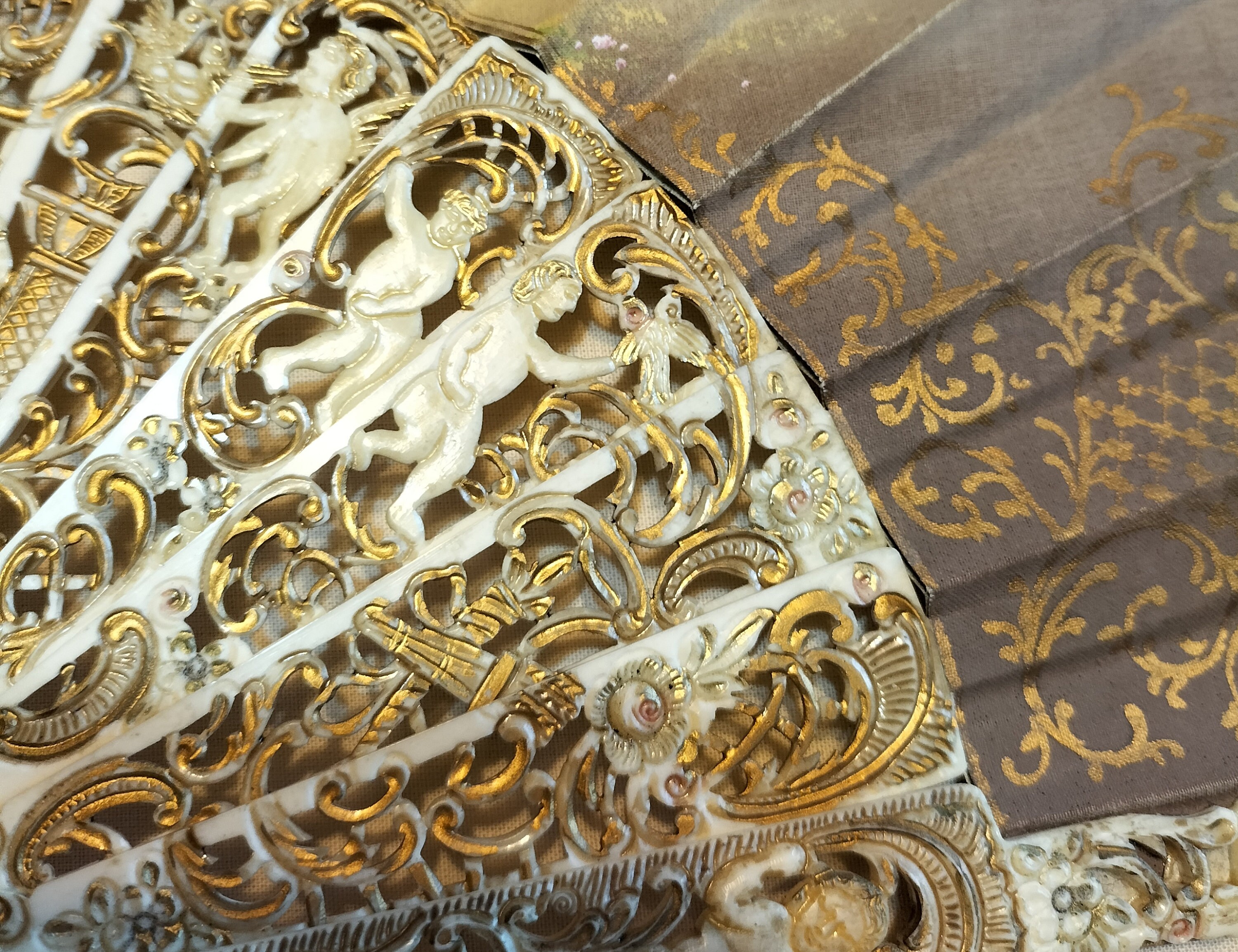 19th Century Bone Fan With Carved Cherub Sticks and Hand Painted Cloth ...