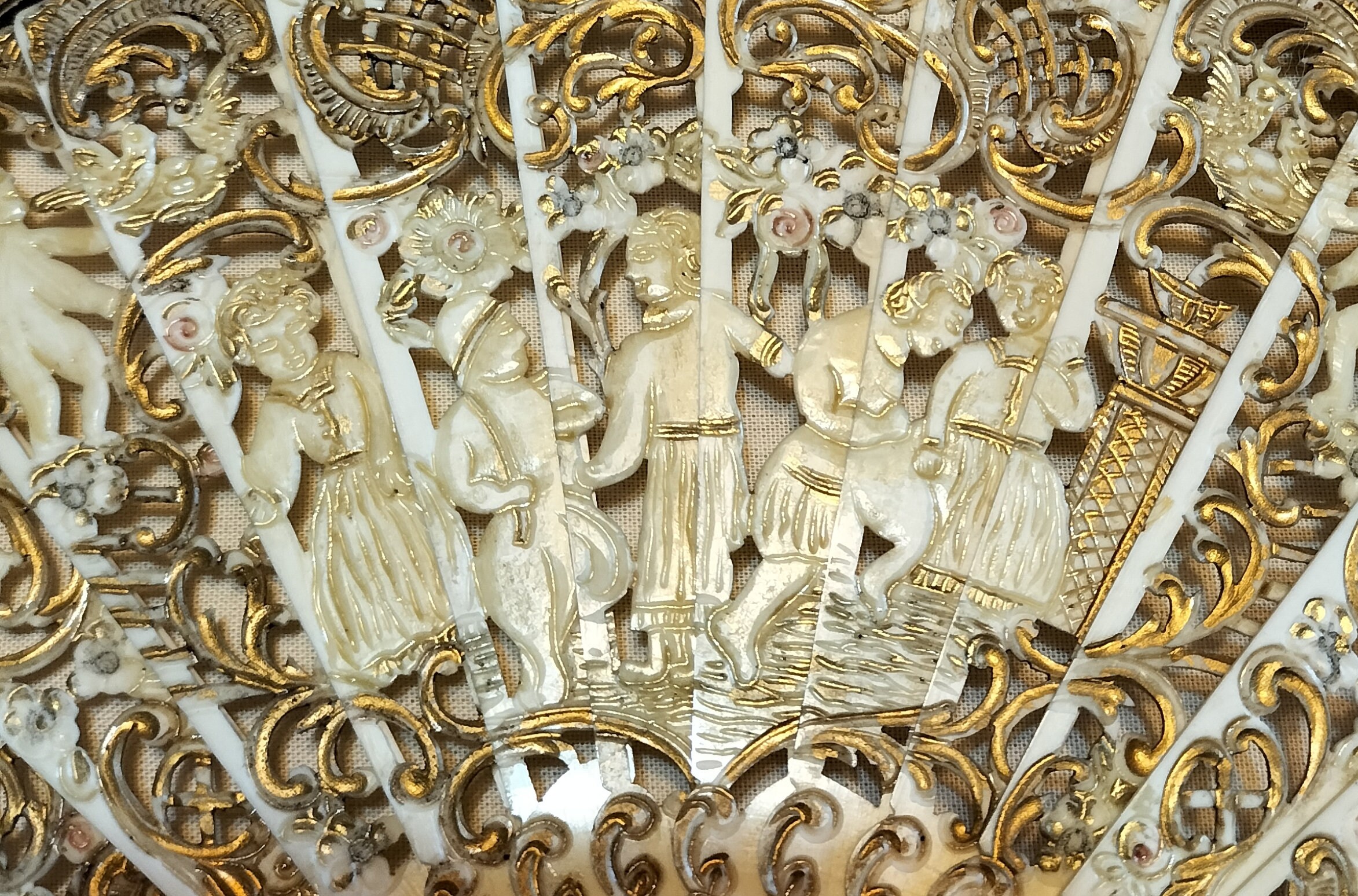 19th Century Bone Fan With Carved Cherub Sticks and Hand Painted Cloth ...
