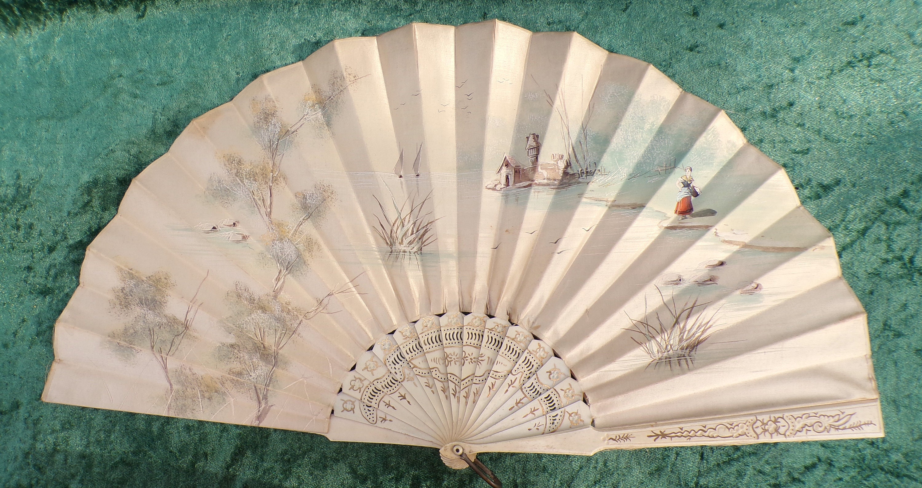 Antique Hand Painted Silk Fan With Bone Rods Large Size - Etsy