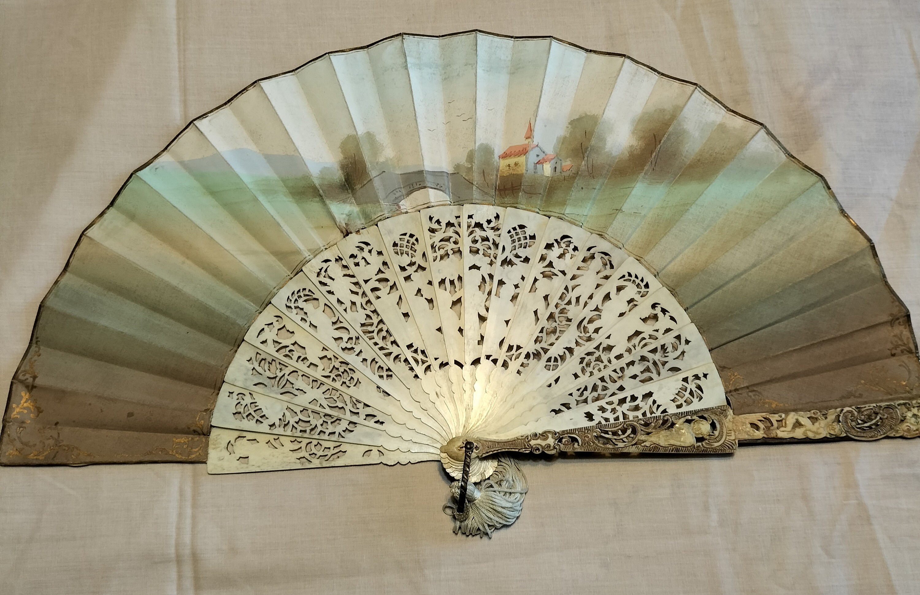 19th Century Bone Fan With Carved Cherub Sticks and Hand Painted Cloth ...