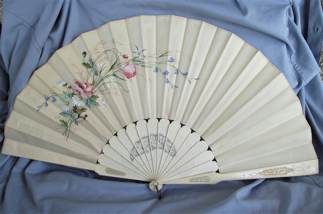 Antique Large Fan With Pierced Bone Sticks Hand Painted Flowers - Etsy