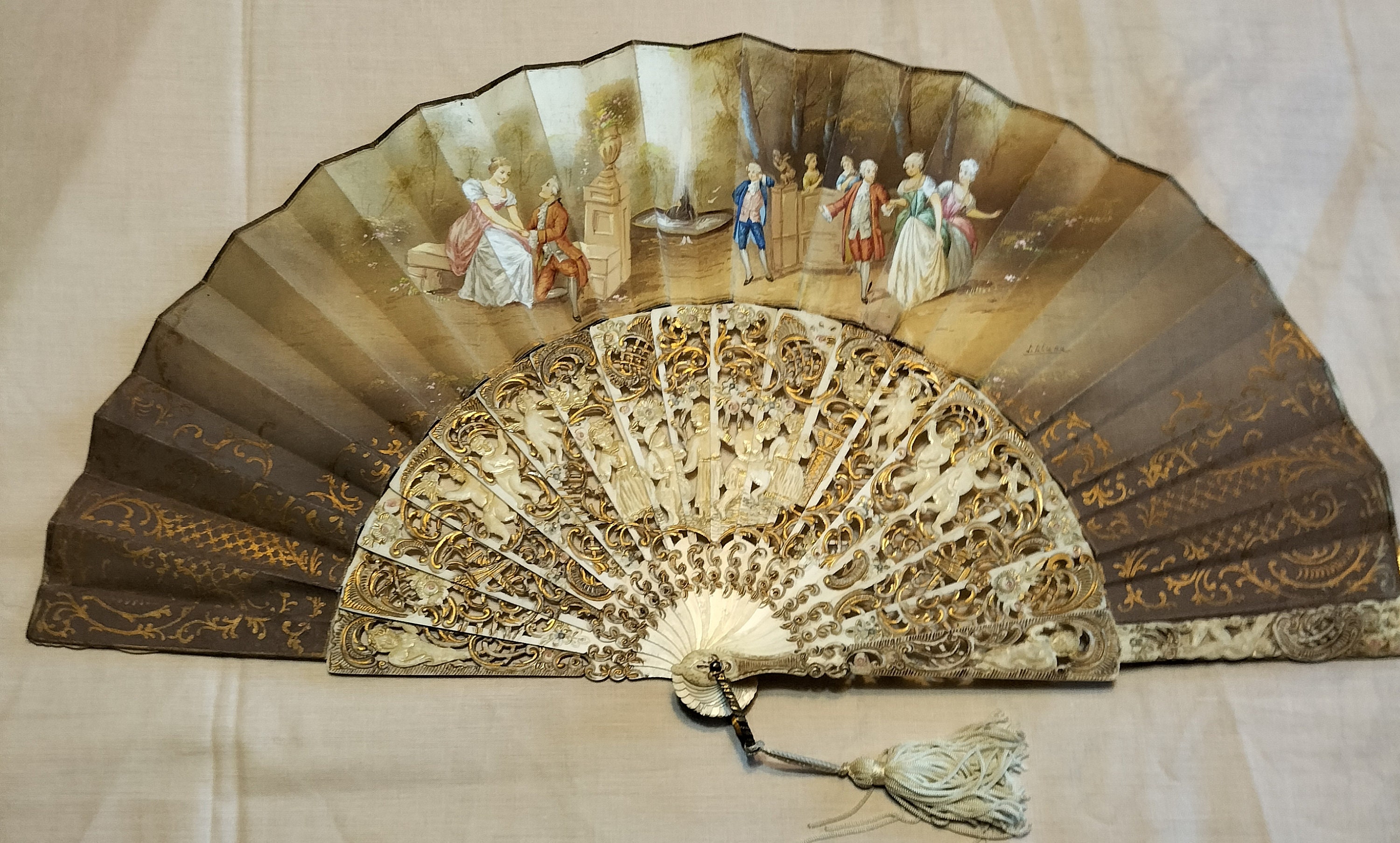 19th Century Bone Fan With Carved Cherub Sticks and Hand Painted Cloth ...