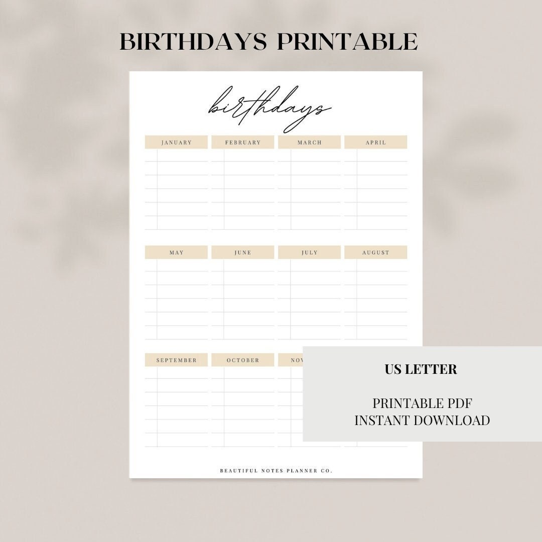 Birthdays Overview Planner in US Letter Size | Birthday Planner ...