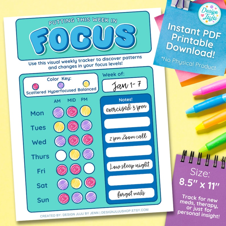 ADHD Weekly Focus Tracker Chart Digital Download for Teens and Adults ...