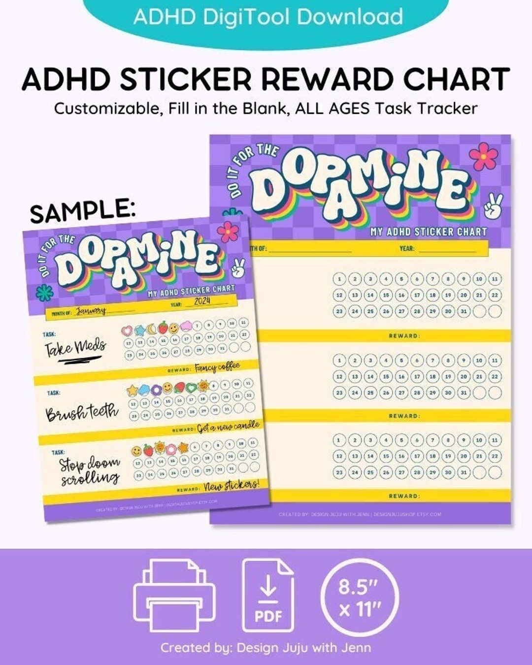 Do It for the Dopamine ADHD Habit Tracker Reward Sticker Chart Digital ...