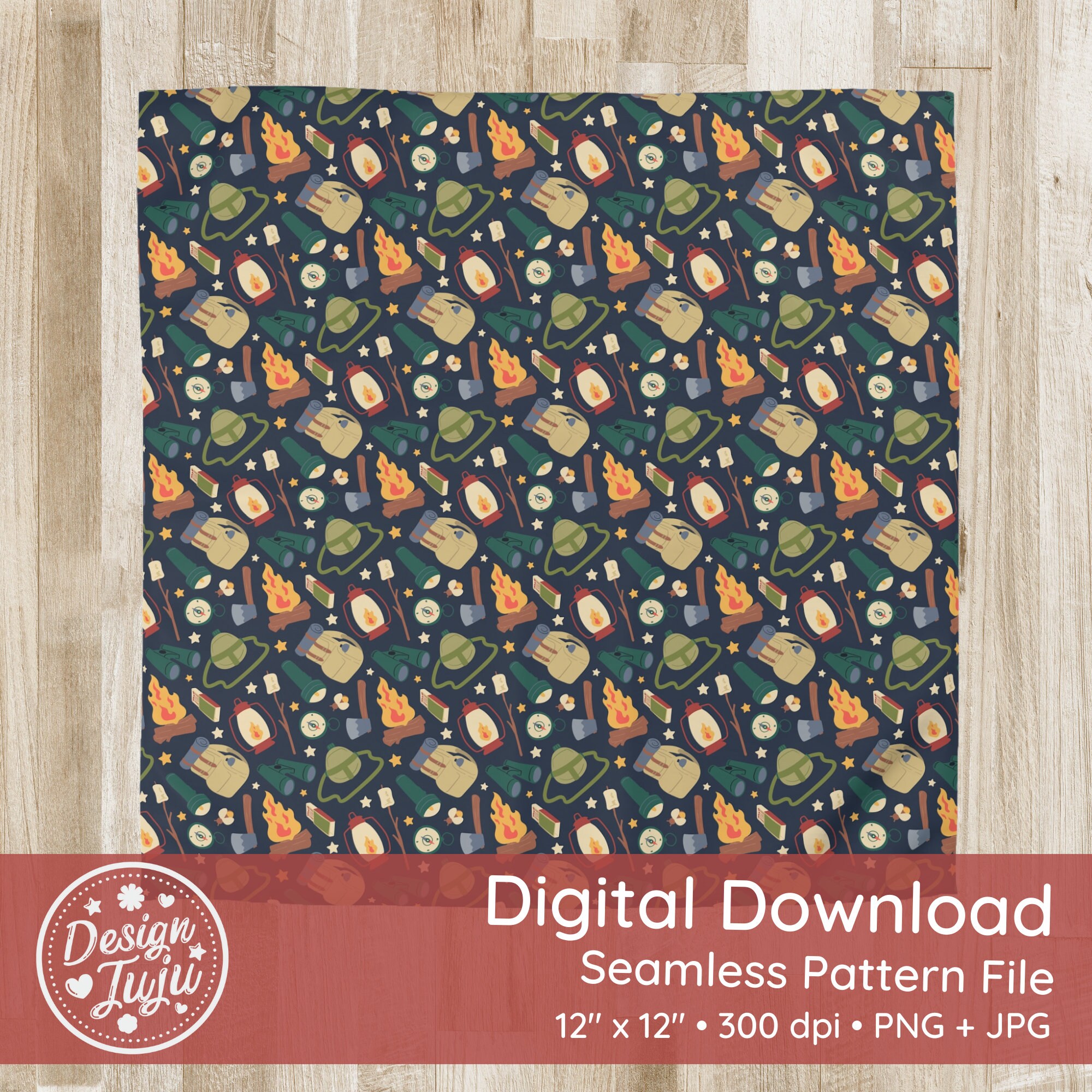 Happy Camper Camping Themed Seamless Repeat Pattern Fabric / Digital or ...
