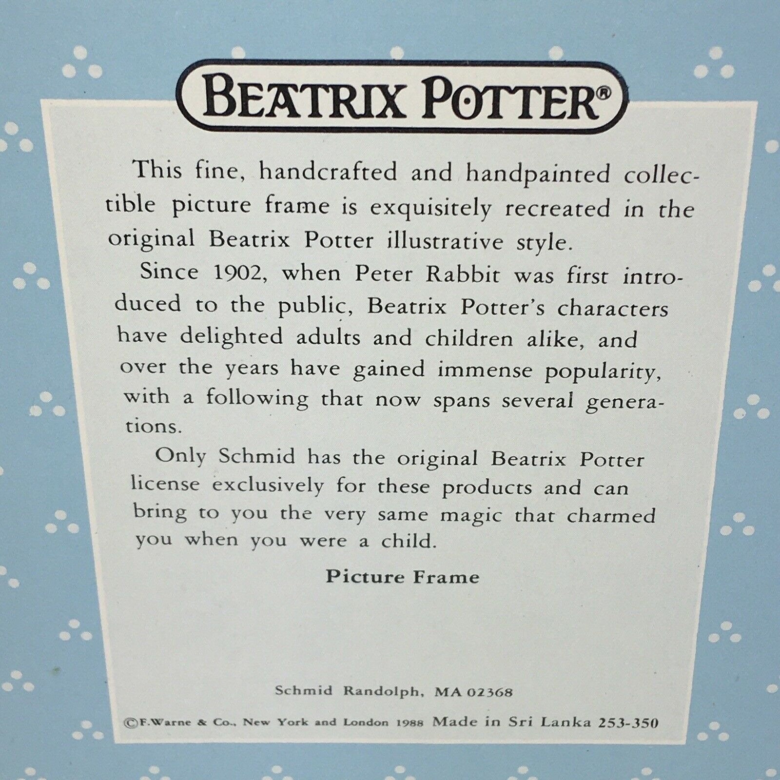 Schmid Peter Rabbit Ceramic Picture Frame Beatrix Potter Vintage 1989 3 ...