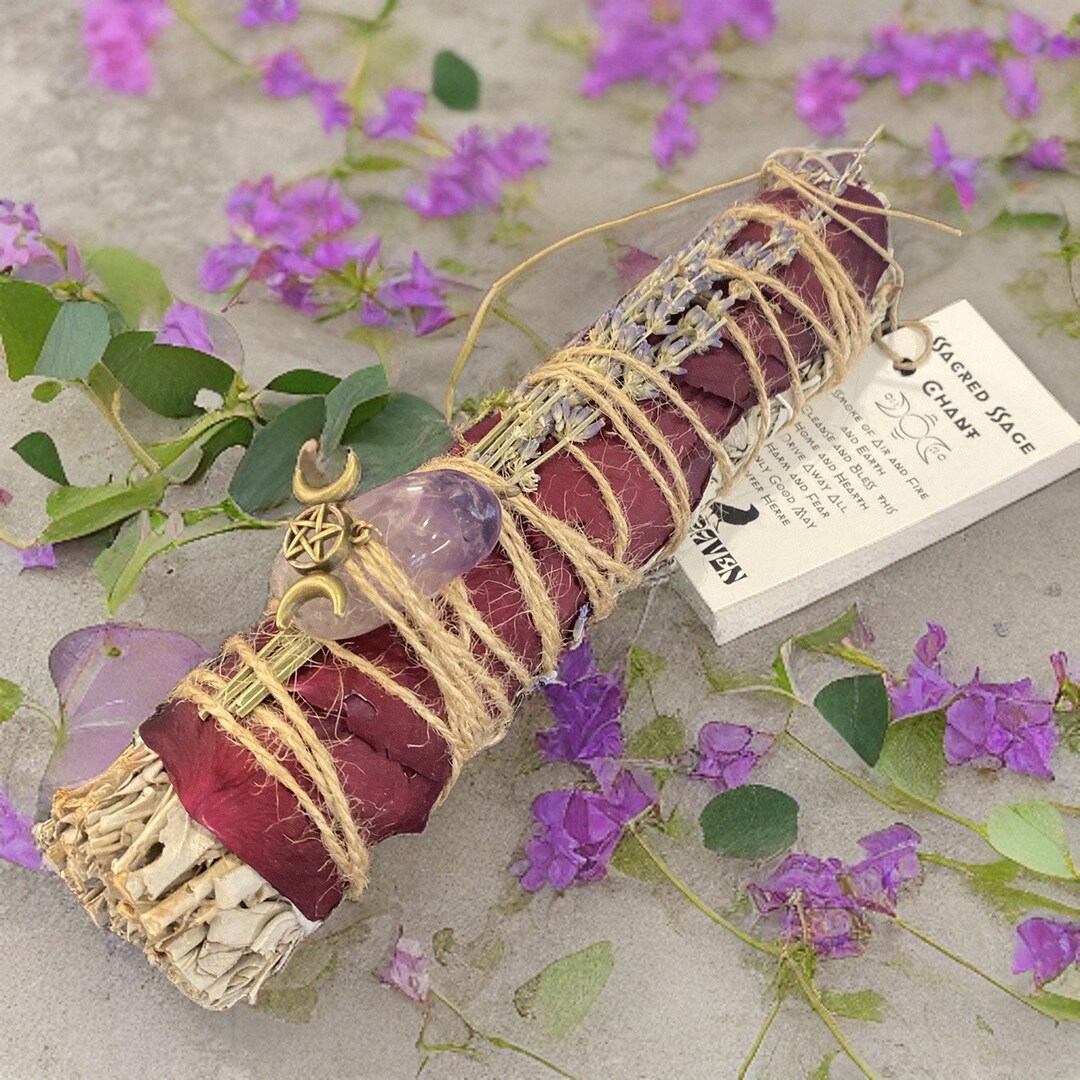 Large 9 White Sage Wand With Red Rose Petals , Lavender, Abalone Shell ...