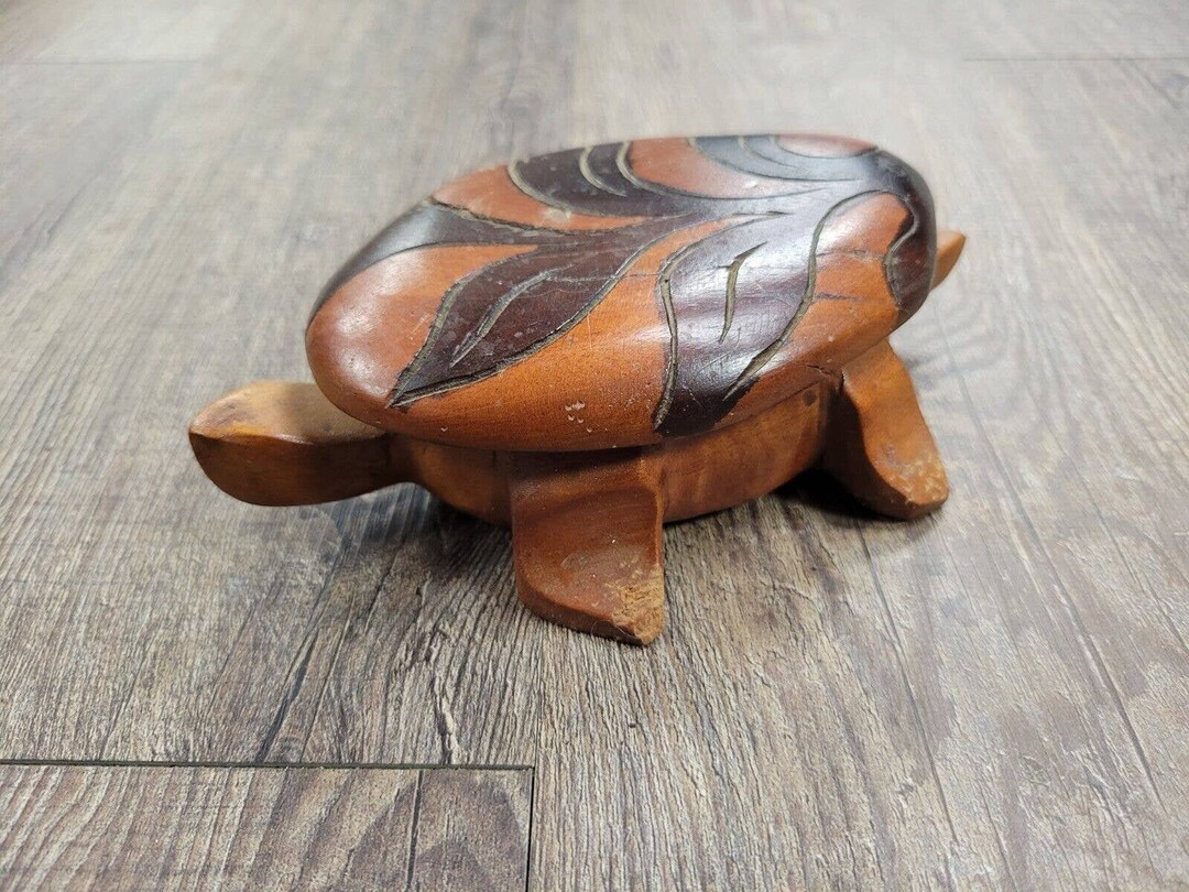 Hand Wood Carved Trinket Box Sea Turtle Shape Lid Tortoise Jewelry ...