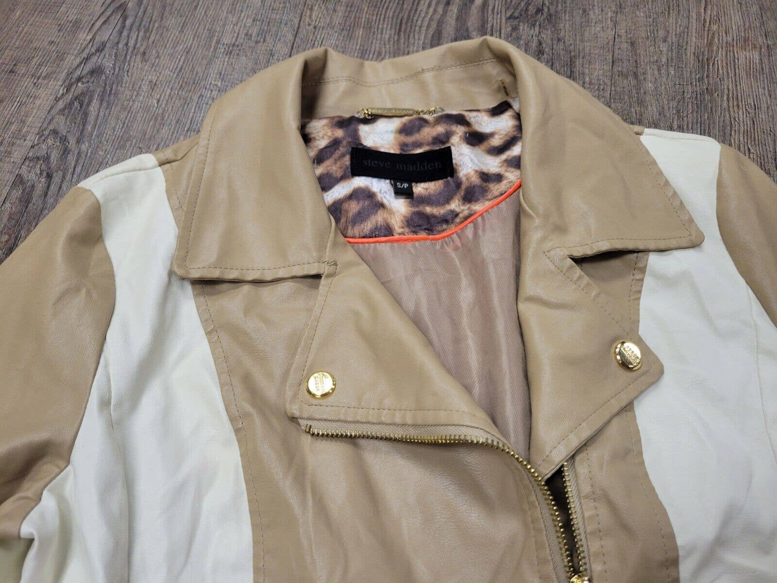 Steve Madden Faux Leather Moto Jacket Small Beige Cream Ivory Gold ...