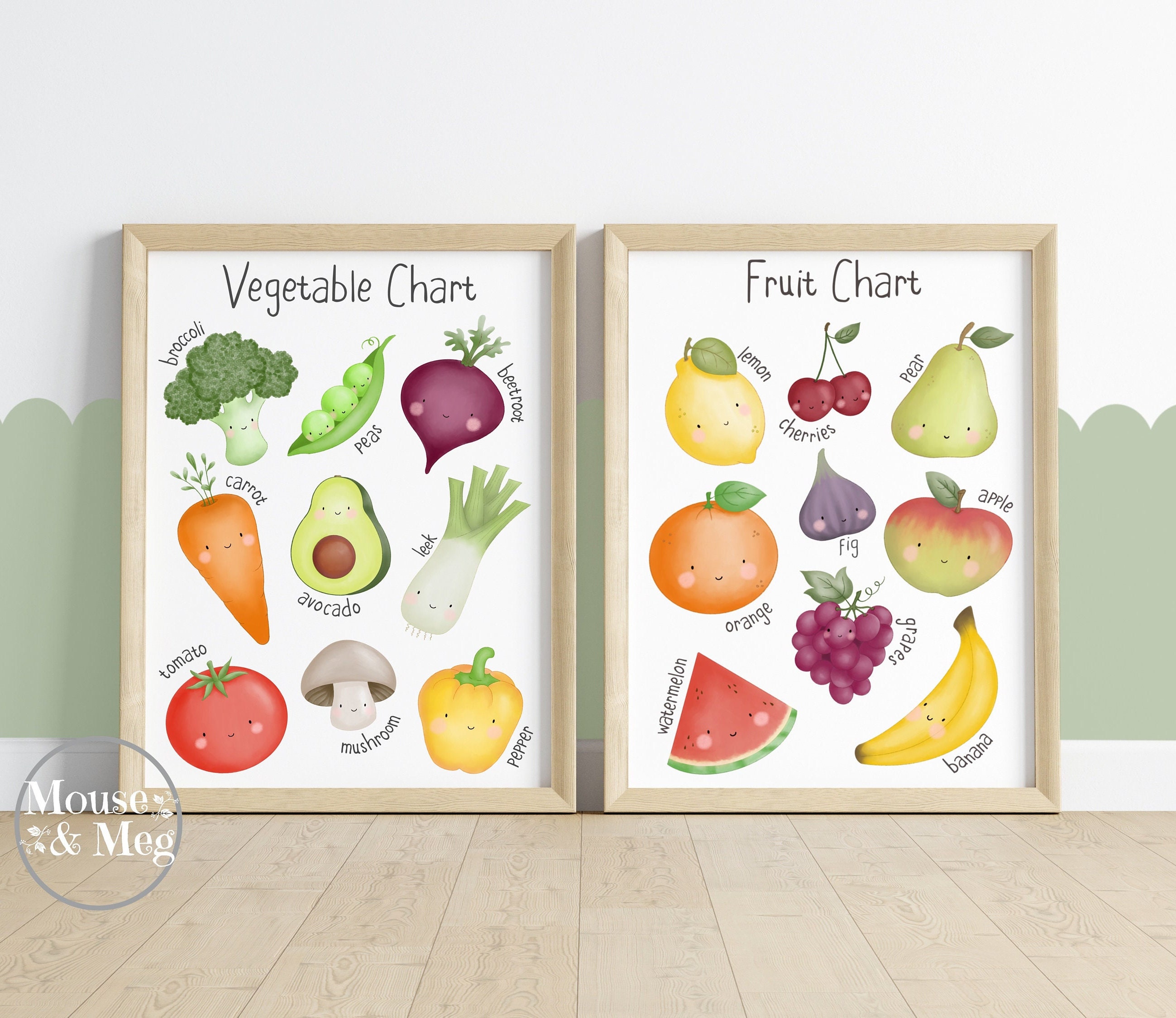 Fruit & Vegetable Chart Print, Set of 2, Educational, Wall Art ...