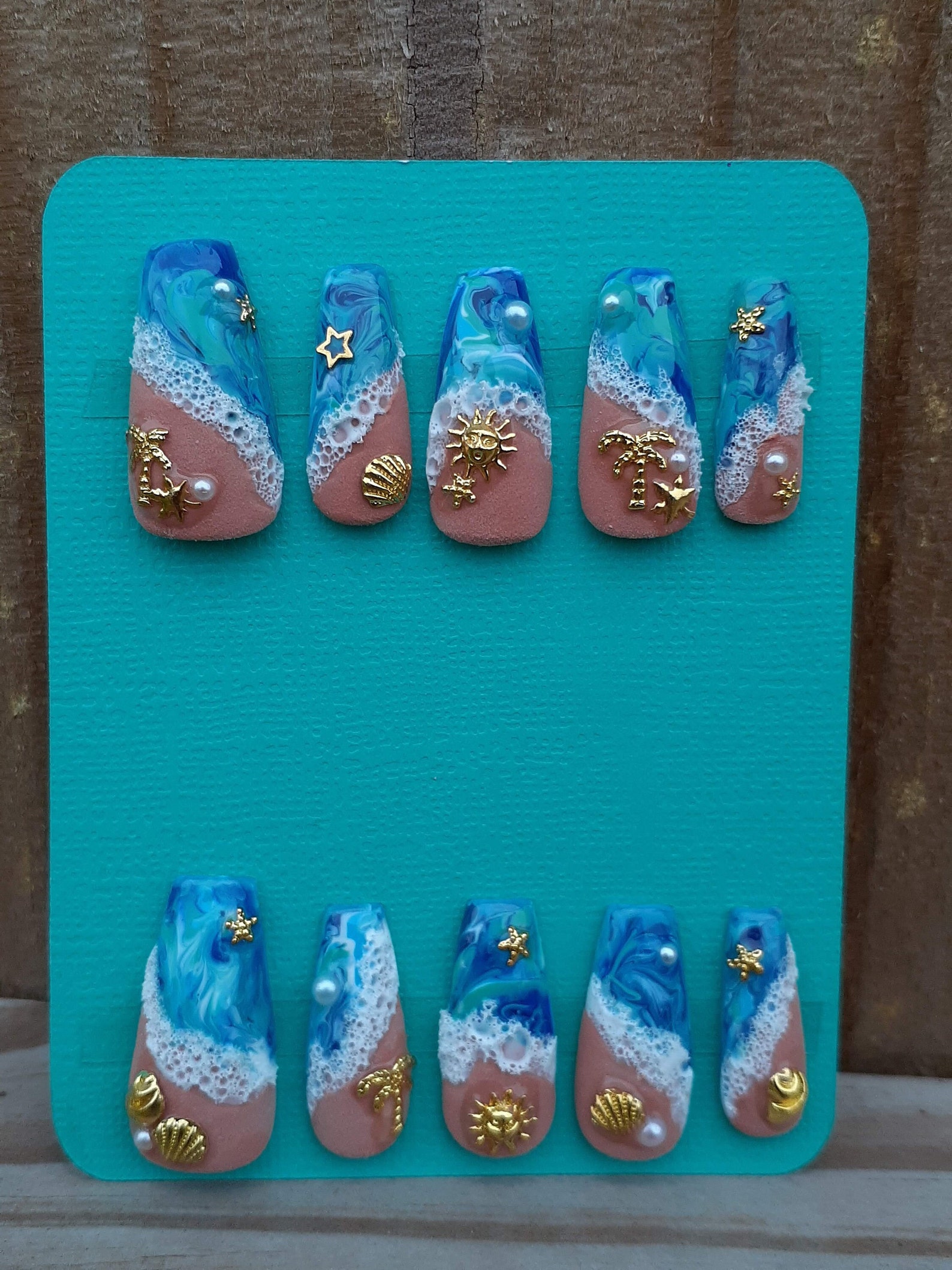 Beach Theme Press on Nails: Sand, Sea, and Gold Charms - Etsy