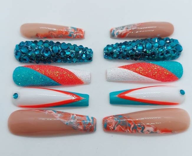 Miami Dolphins Colors Inspired Football Sugared Marble Rhinestone Nails ...
